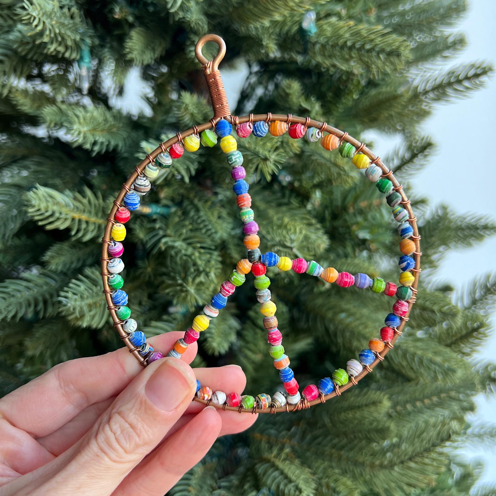Peace Sign Ornament - Multicolor Recycled Paper Beads, Sustainable ...