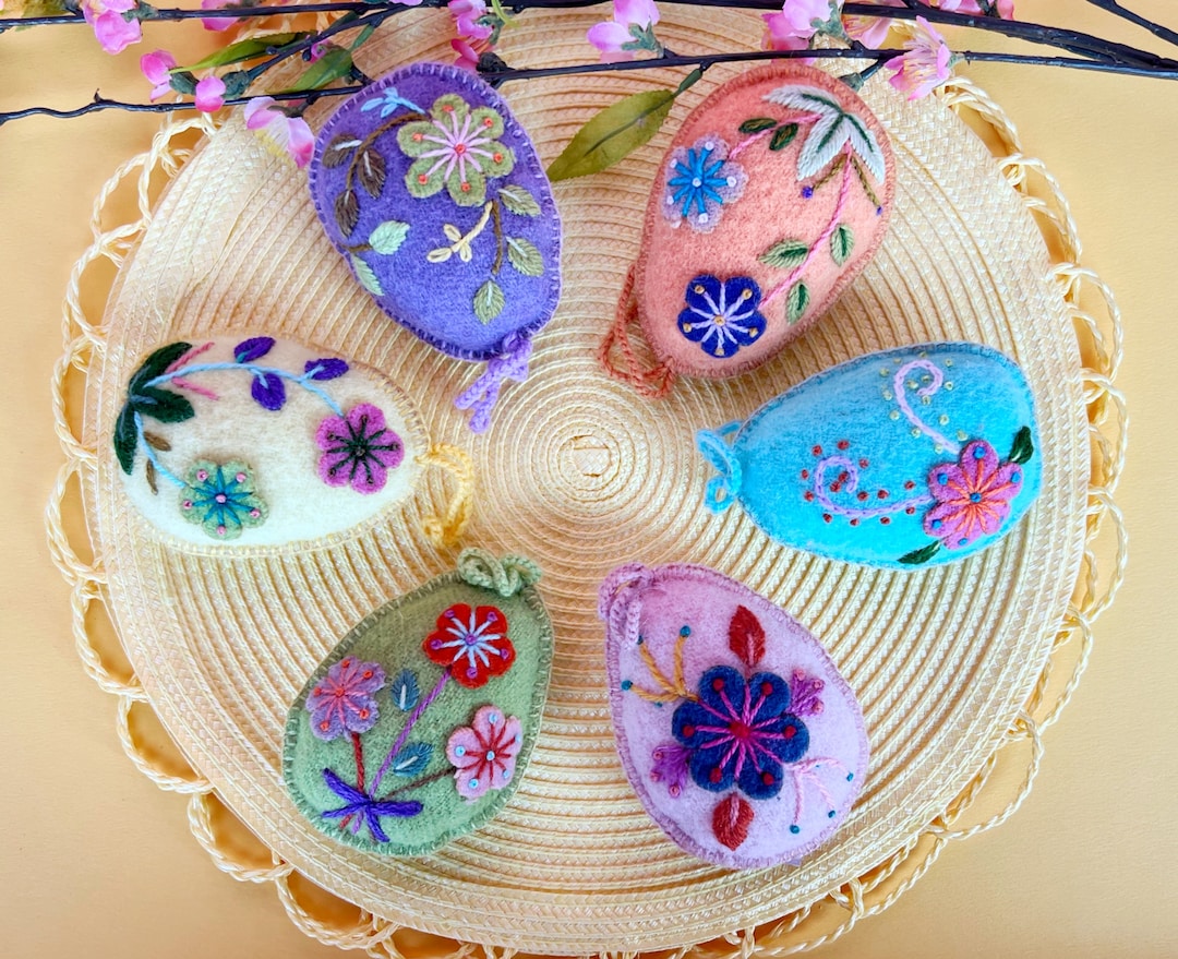 Embroidered Wool Easter Egg Ornament Set: Fair Trade Floral Decor - Etsy