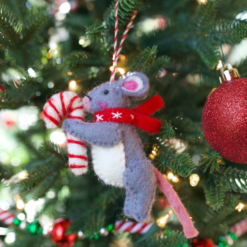 Mouse With Candy Cane Ornament - Felt Wool Fair Trade Handmade ...