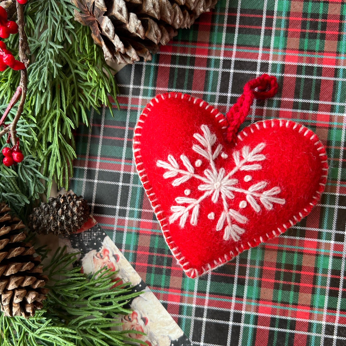 Classic Red Heart Ornament, Embroidered Wool Fair Trade Christmas Decor ...