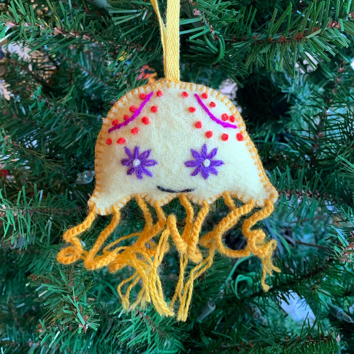Jellyfish Embroidered Wool Christmas Ornament Fair Trade | Etsy