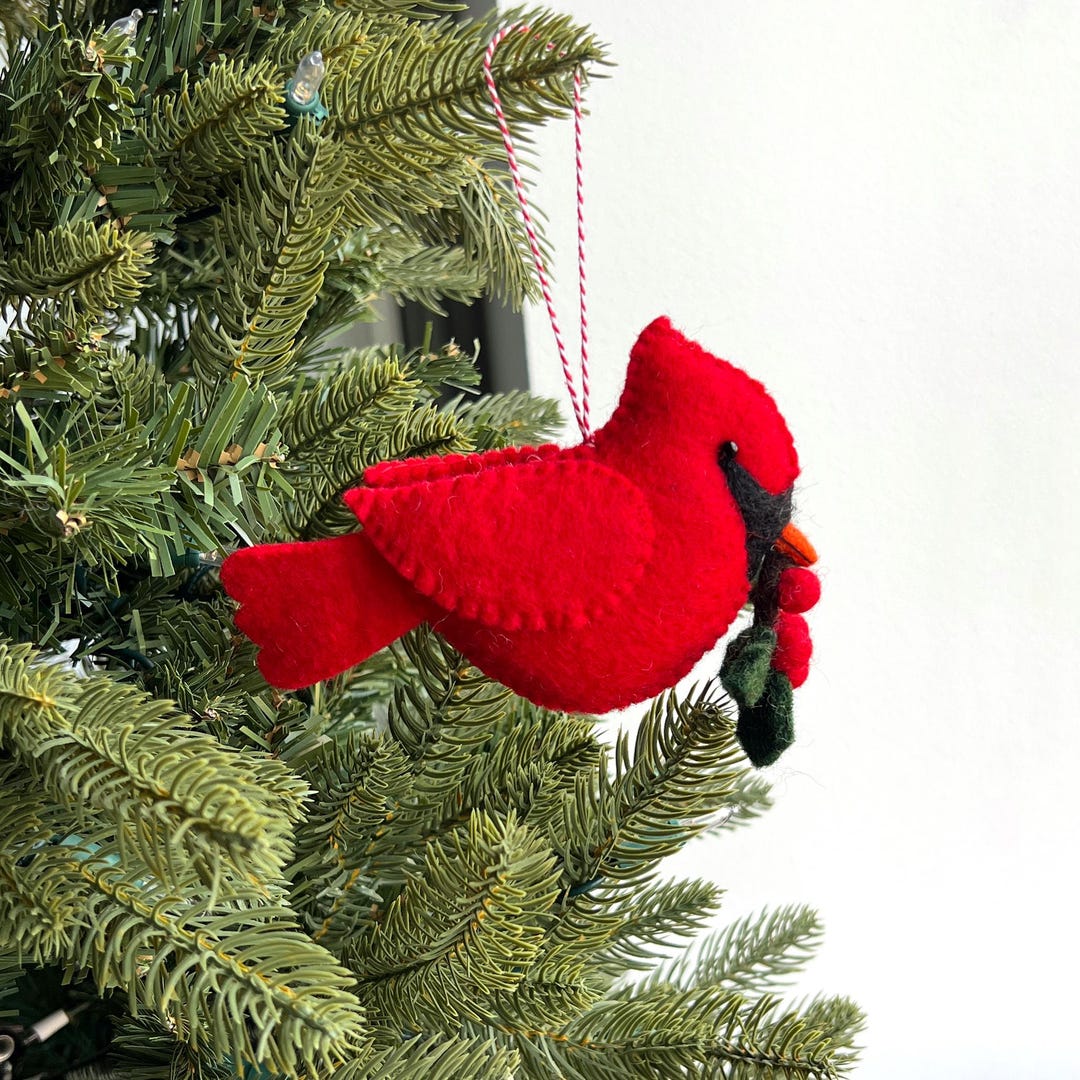 Large Cardinal With Holly Ornament - Felt Wool Fair Trade Christmas ...