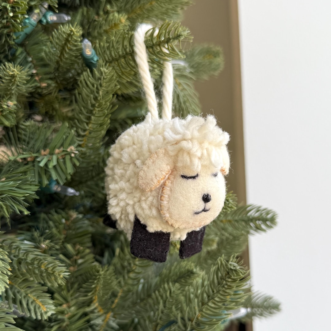 Pom Pom Sheep Embroidered Wool Christmas Ornament, Fair Trade Handmade ...