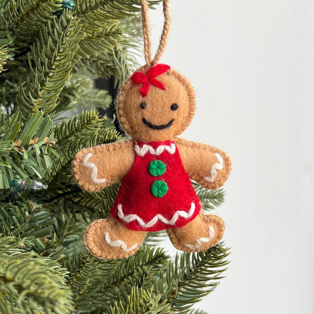 Gingerbread Girl Christmas Ornament, Embroidered Wool, Fair Trade ...