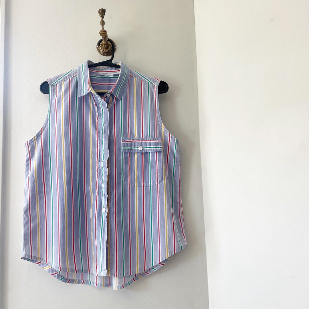 Vintage Pinot Noir Rainbow Stripes Sleeveless Collared Shirt | Medium ...