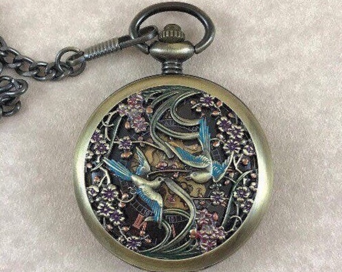 Mechanical Brass Pocket Watch Blue Birds - Etsy