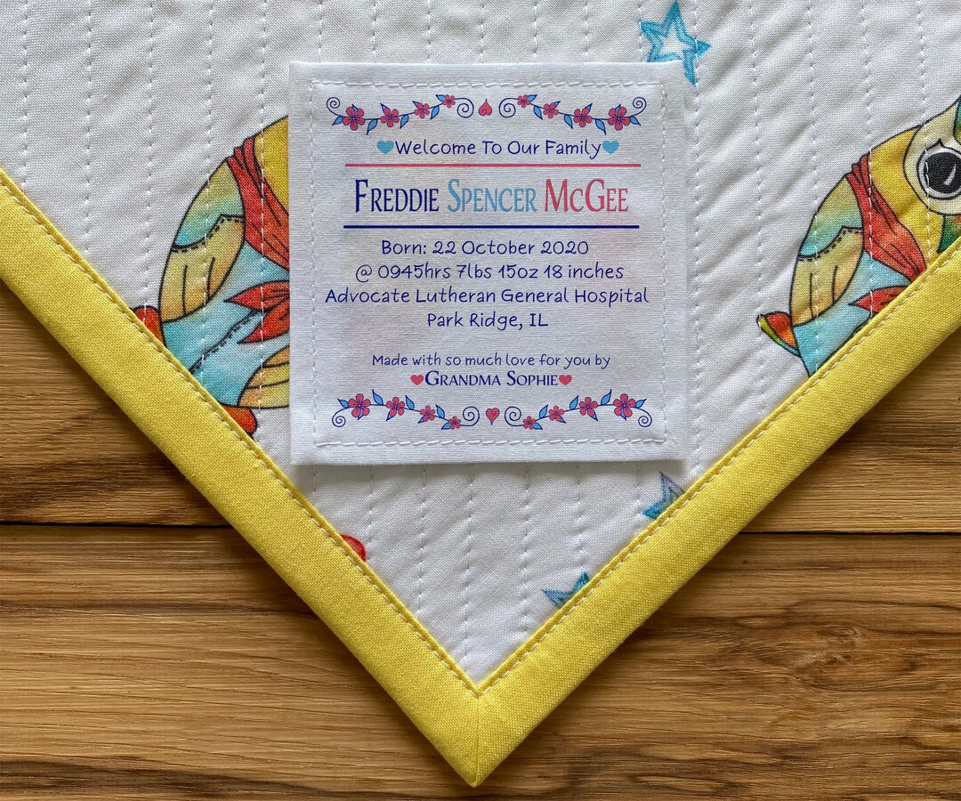 Large Fabric Cotton Quilt Label, Personalized Labels, Birth Stats Baby ...