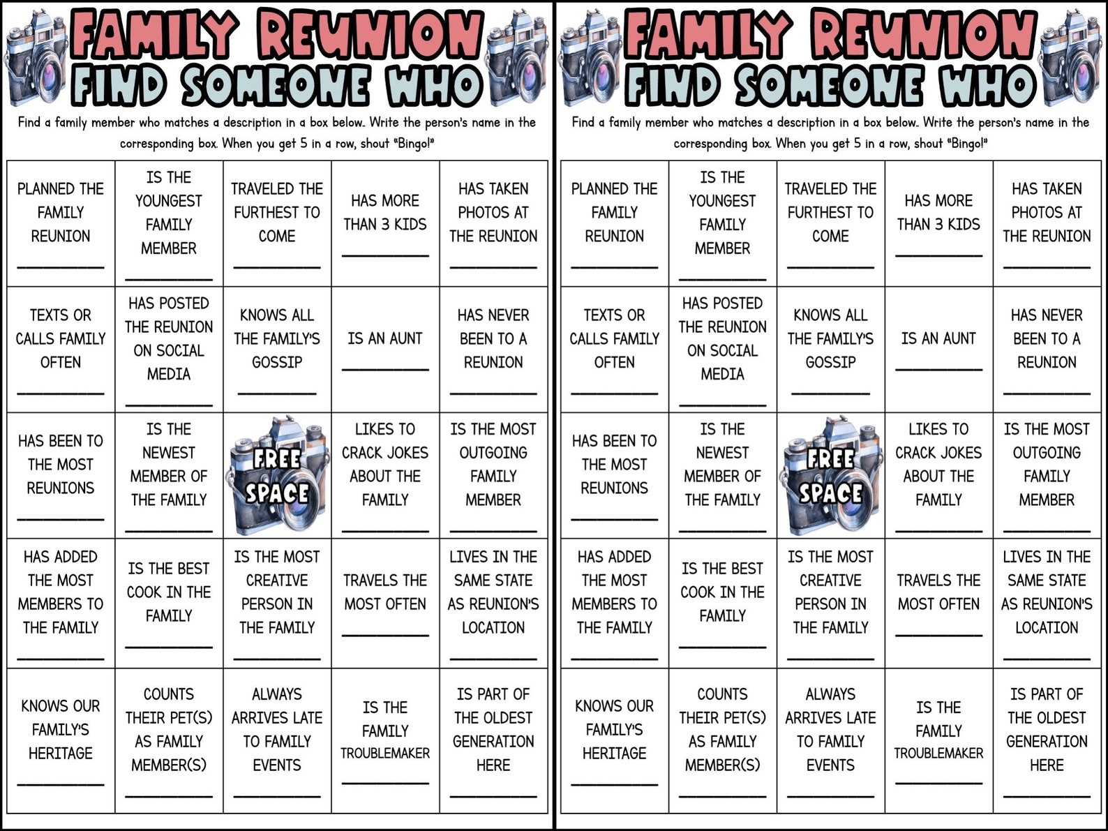 Family Reunion Bingo Game Printable Family Reunion Games Find Someone ...