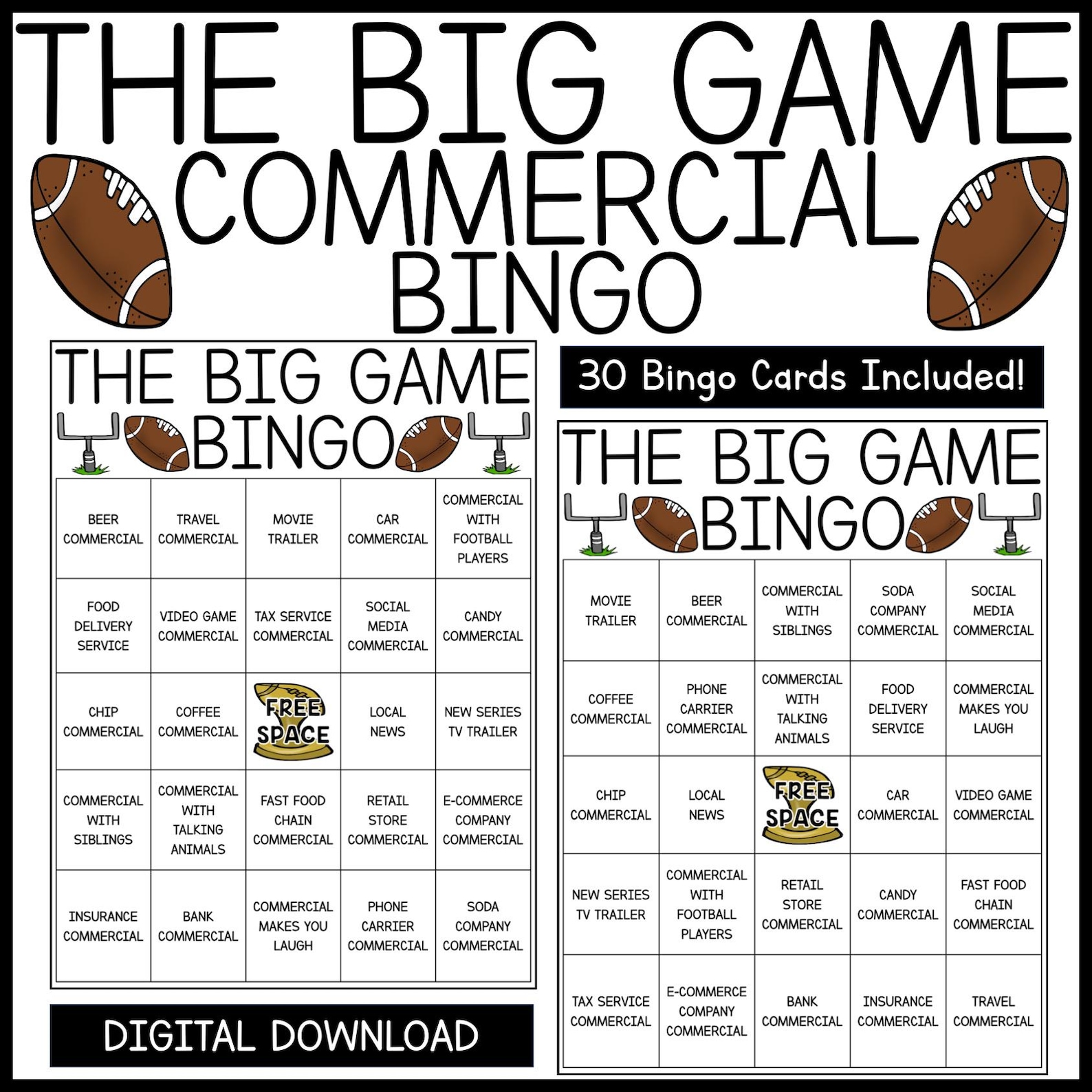 The Big Game 59 Bingo, 2025 Commercial Bingo, 30 Printable Cards, Super ...