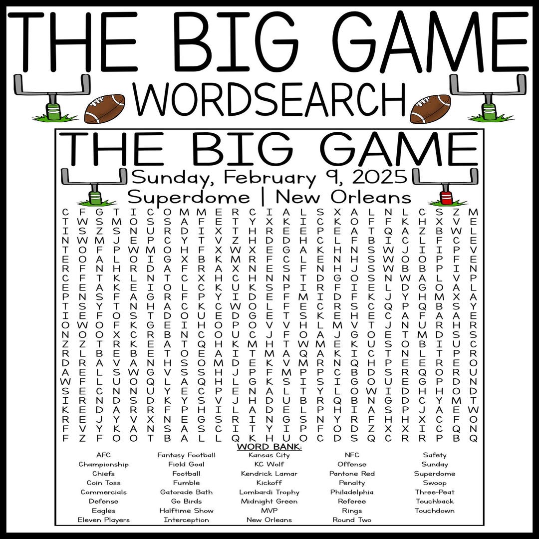 The Big Game Word Search, Super Football Game Activity, the Big Game ...