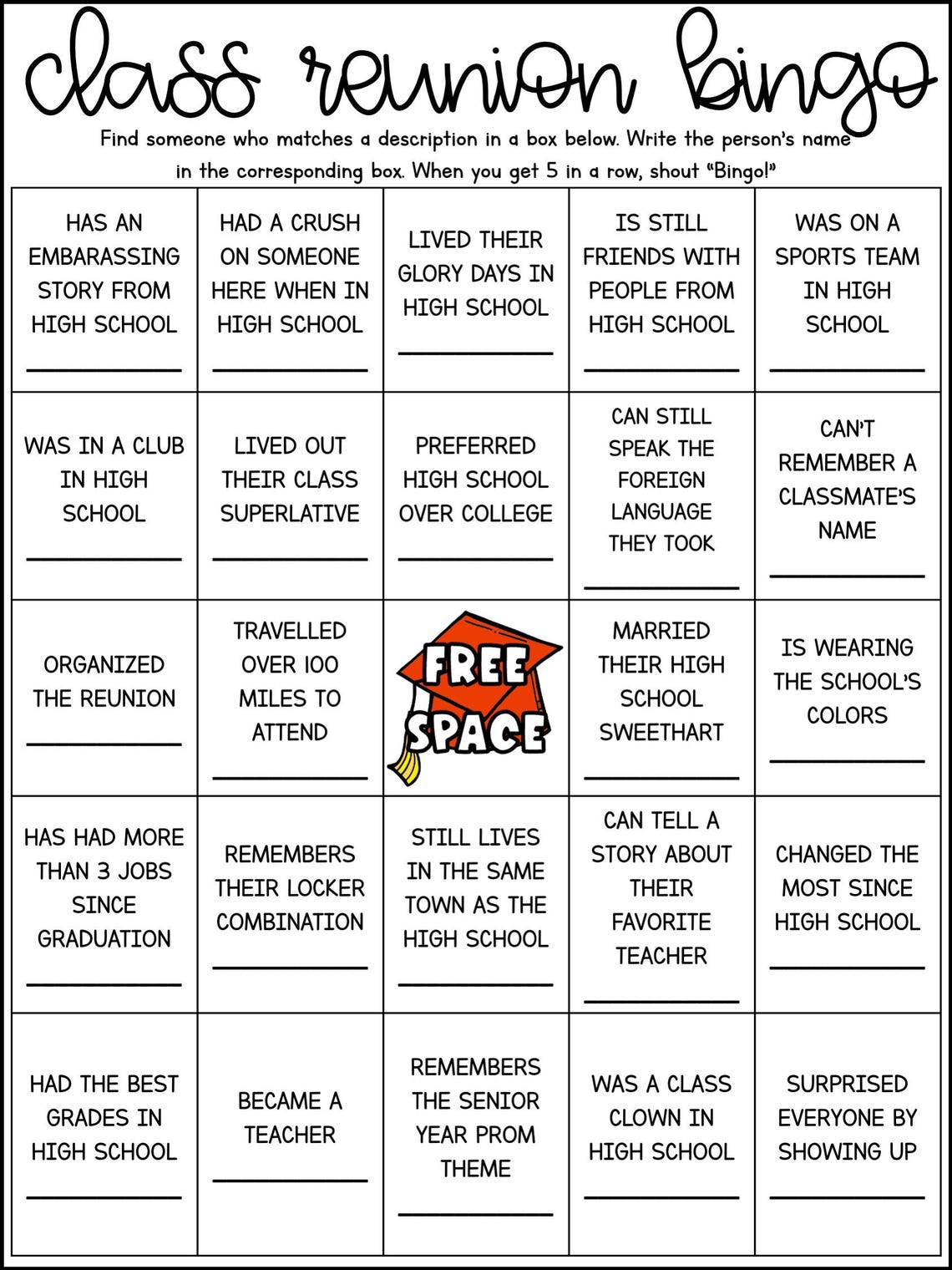 High School Reunion Bingo Class of Bingo Reunited Classmate Bingo Cards ...