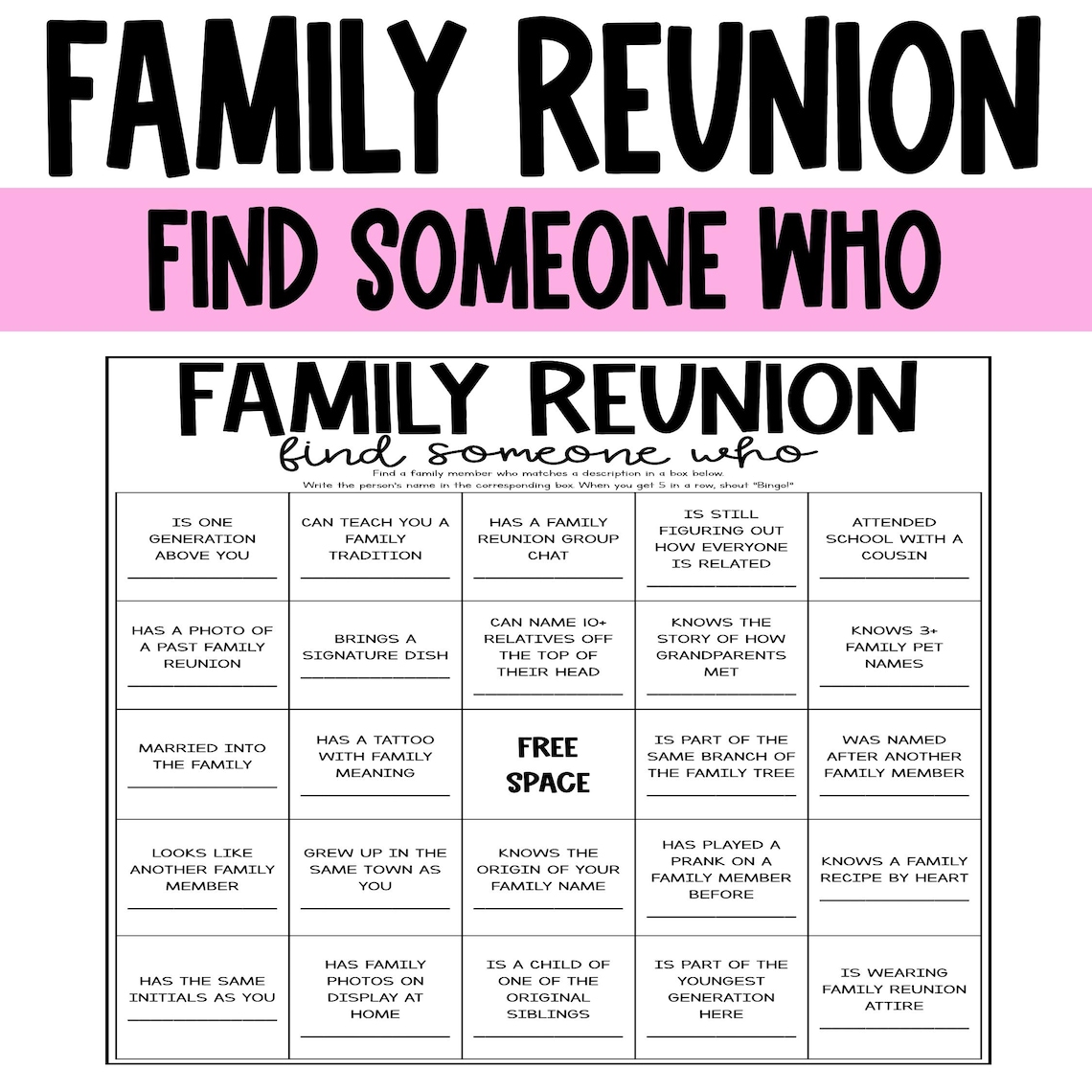 Family Reunion Bingo Game Printable, Family Reunion Games, Find Someone ...