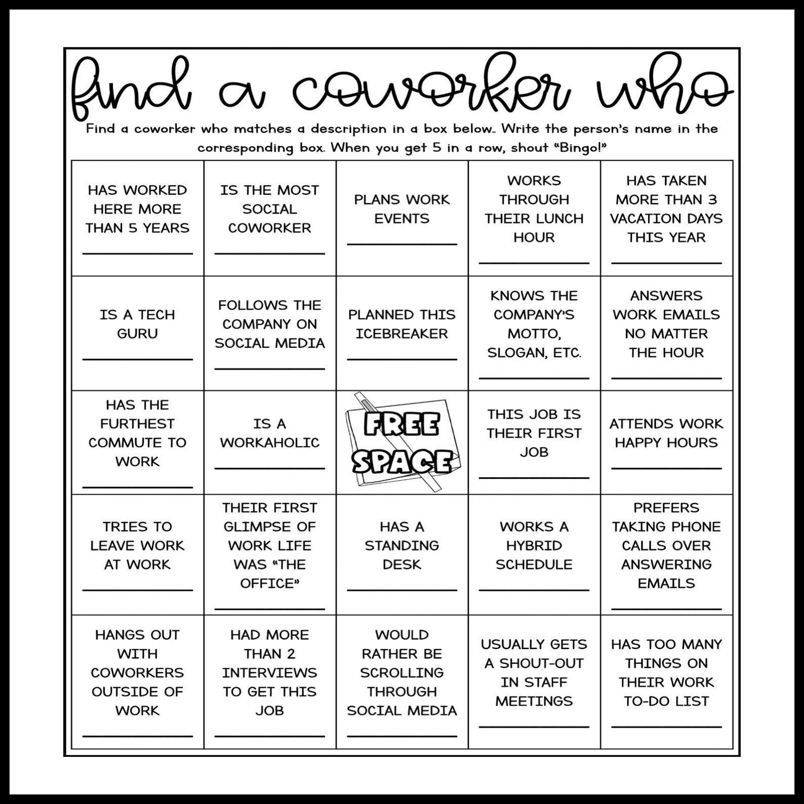 Coworker Bingo Game, Find Someone Who Office Party Game, Employee Mix ...