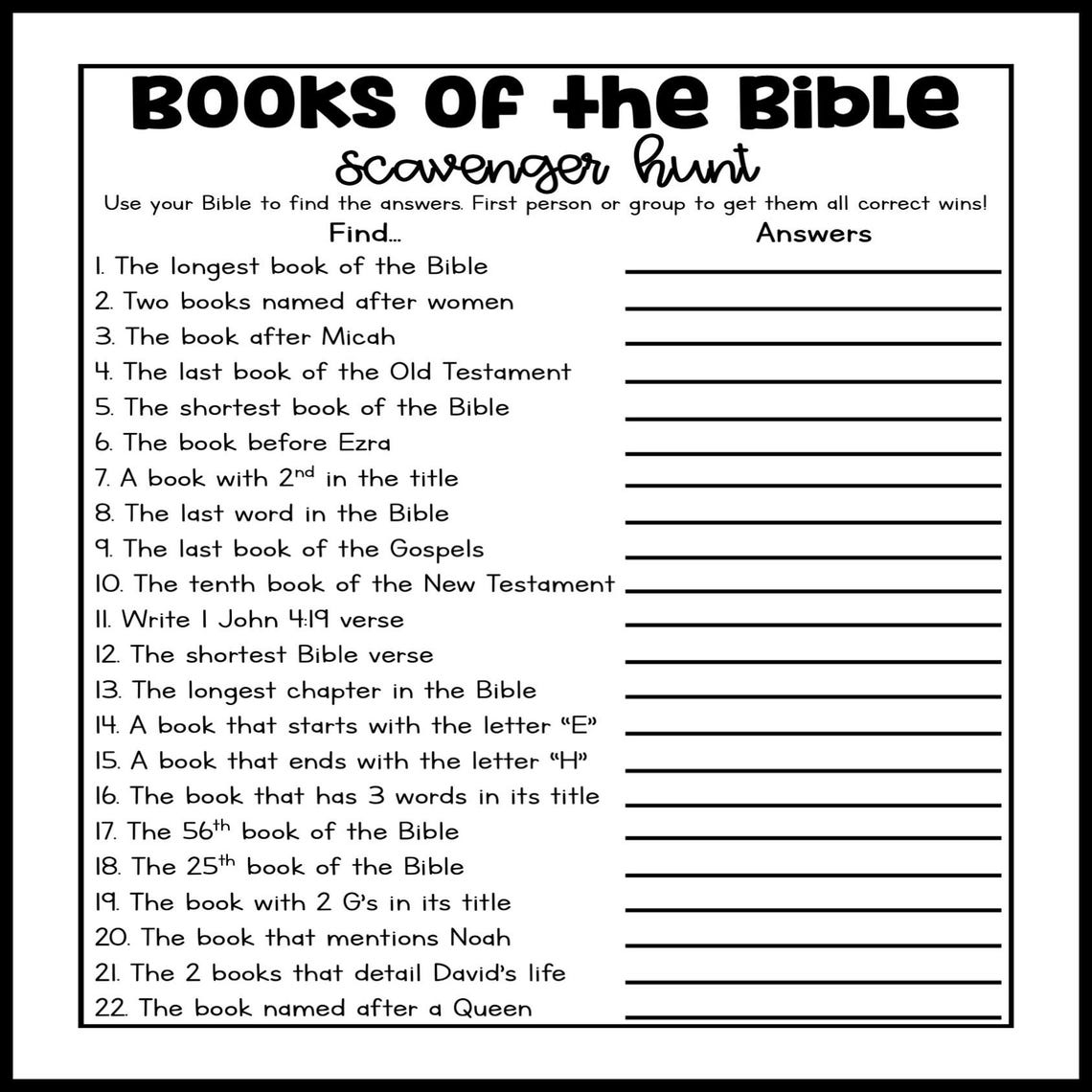 Books of the Bible Scavenger Hunt Game Printable Church Game Women's ...