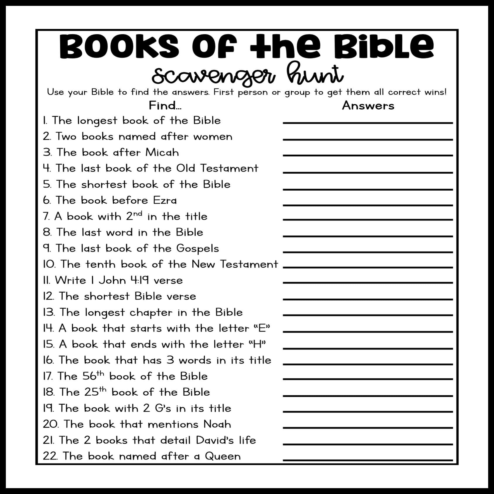 Books of the Bible Scavenger Hunt Game Printable Church Game Women's ...