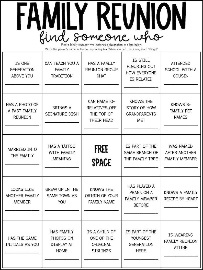 Family Reunion Bingo Game Printable, Family Reunion Games, Find Someone ...
