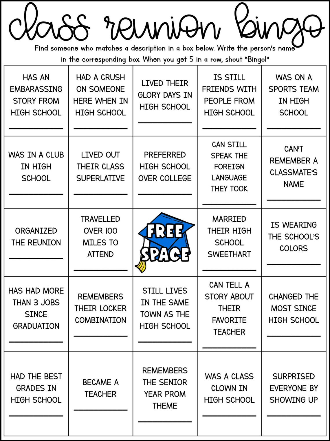 High School Reunion Bingo Class of Bingo Reunited Classmate Bingo Cards ...