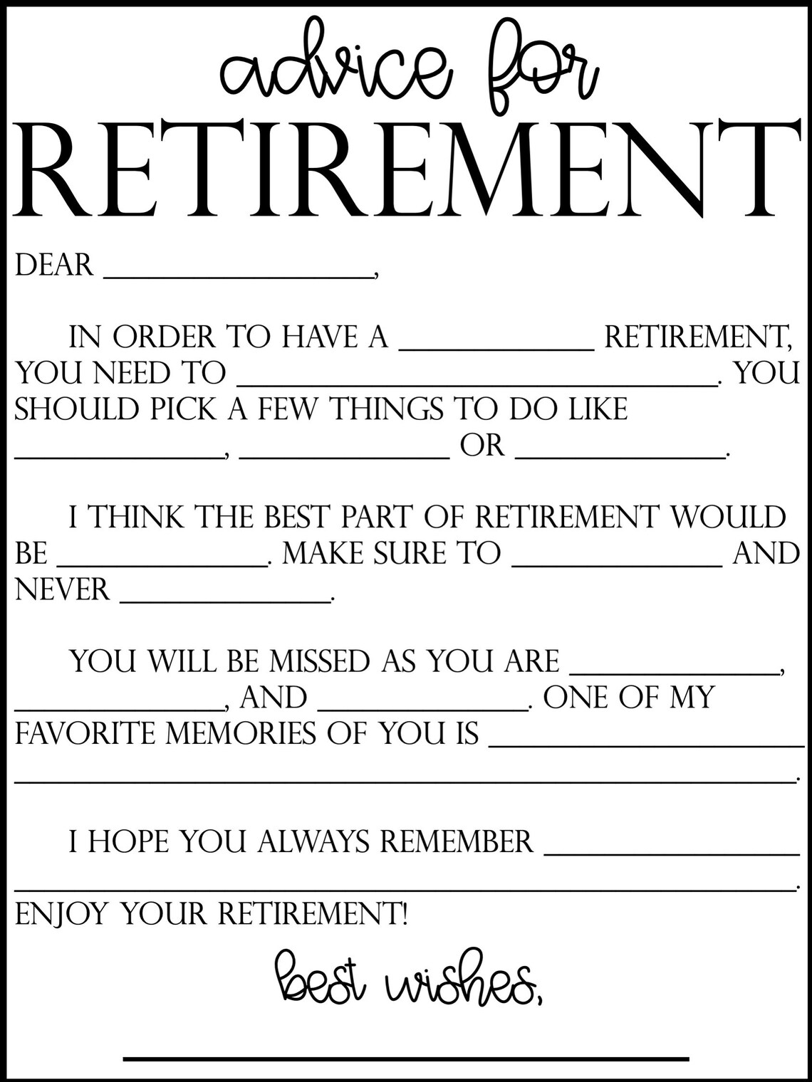 Printable Retirement Wishes Template, Minimalist Retirement Keepsake ...
