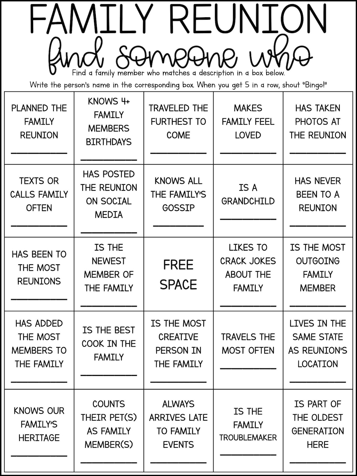 Family Reunion Bingo Game Printable, Family Reunion Games, Find Someone ...