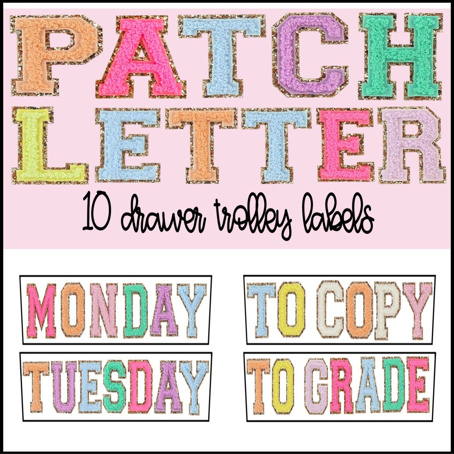 10 Drawer Rolling Cart Labels Varsity Patch Letter Teacher Trolley ...