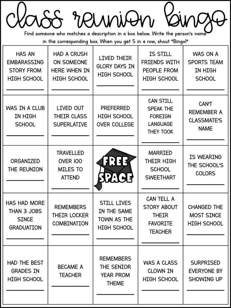High School Reunion Bingo Class of Bingo Reunited Classmate Bingo Cards ...