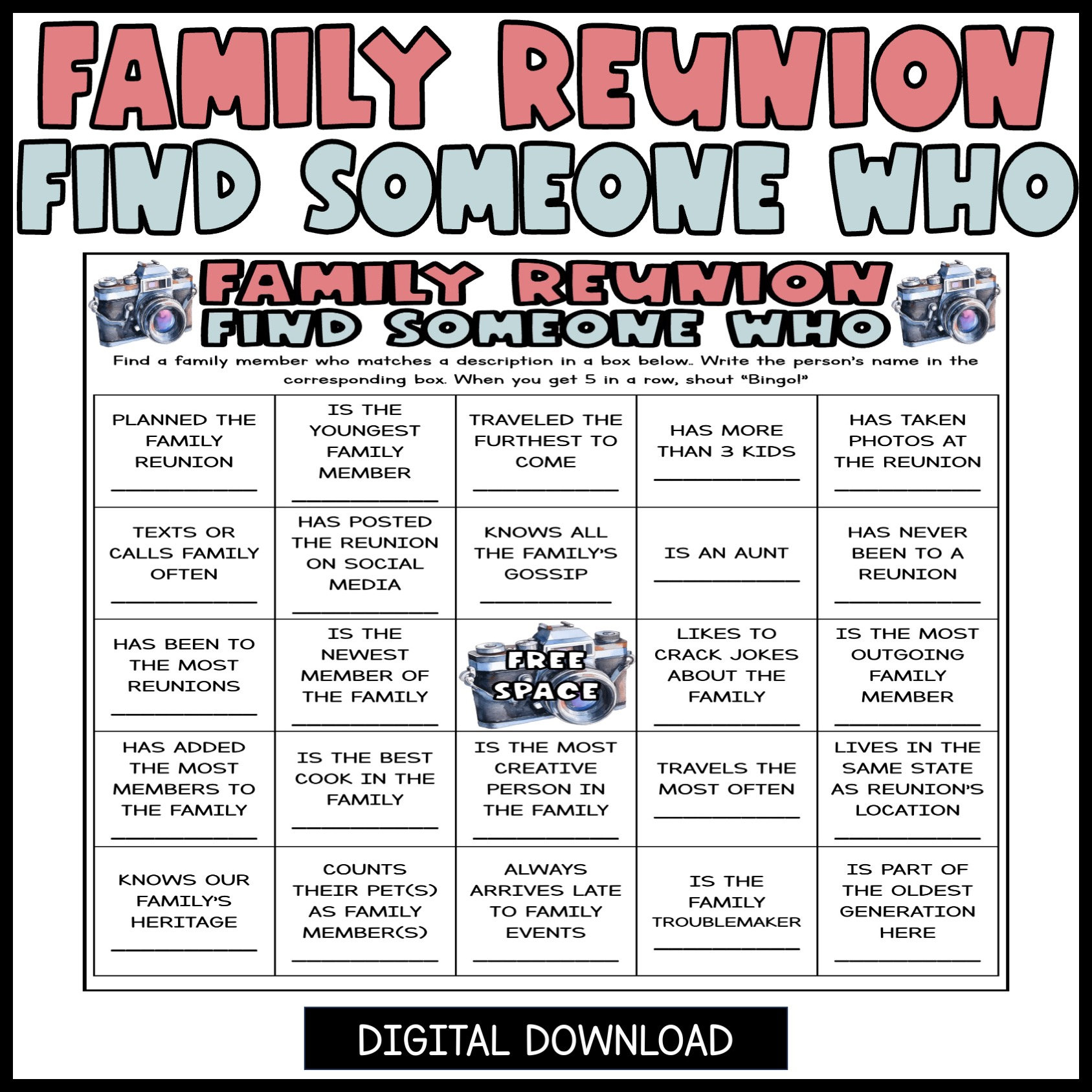 Family Reunion Bingo Game Printable Family Reunion Games Find Someone ...