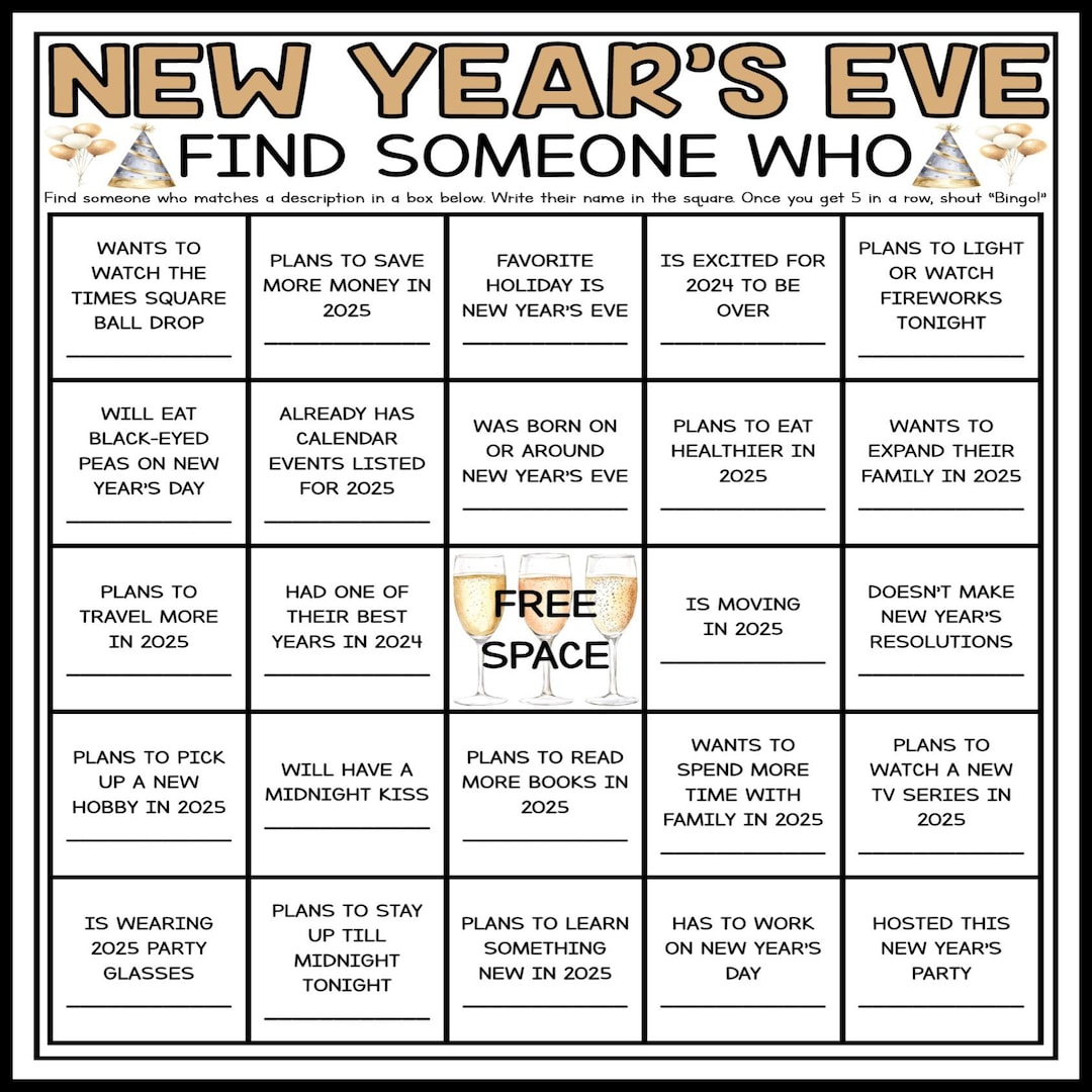 New Years Eve Bingo, Find Someone Who, New Years Eve Bingo, New Year ...