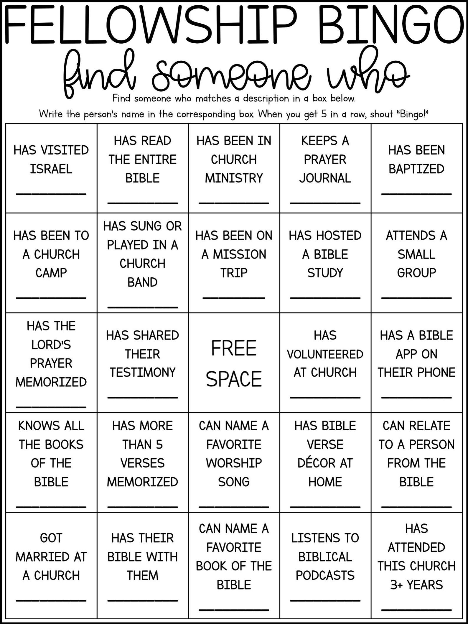 Mix & Mingle Church Bingo Game, Fellowship Bingo, Church Icebreaker ...