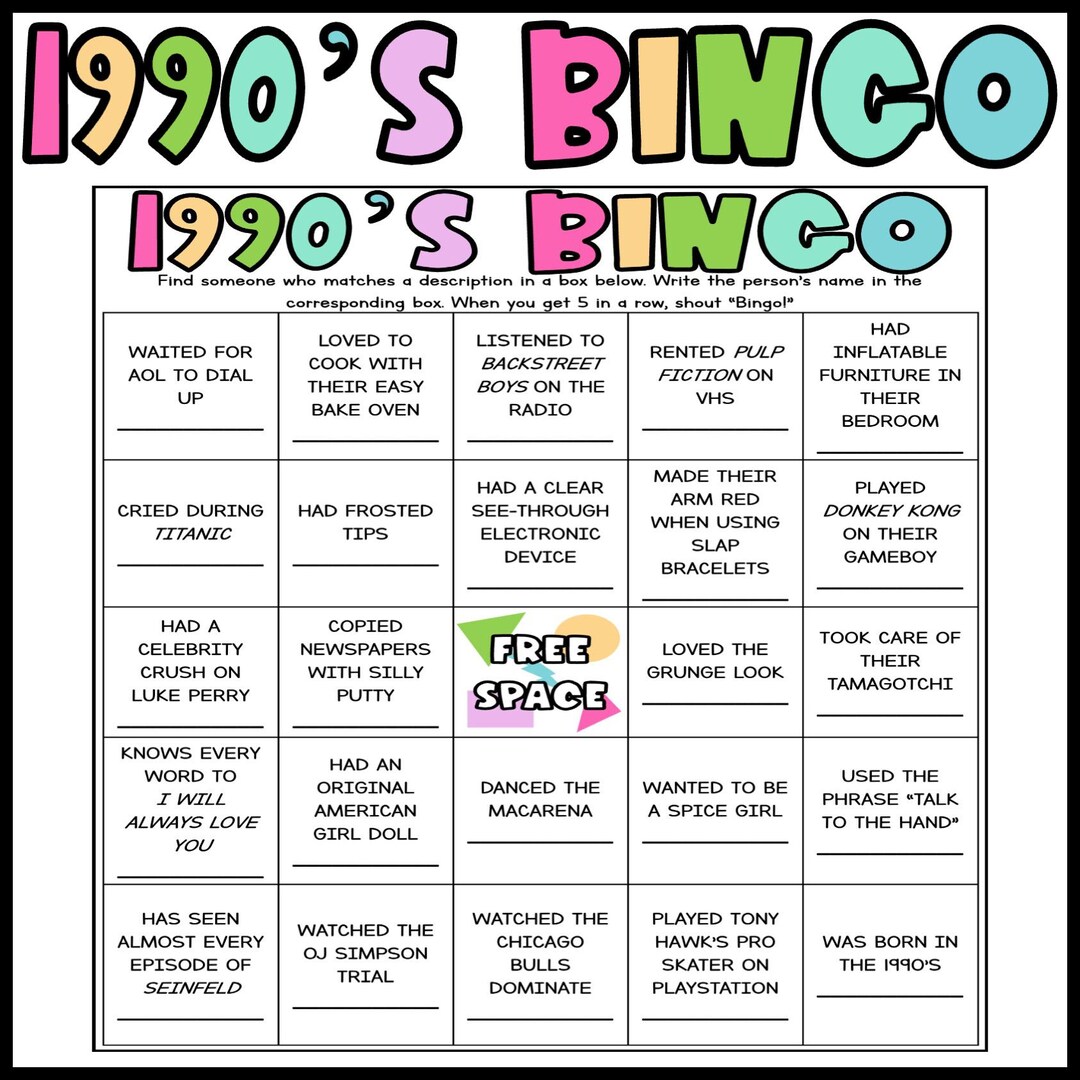 1990's Bingo 1990's Themed Party 1990's Birthday Bingo Cards Find ...