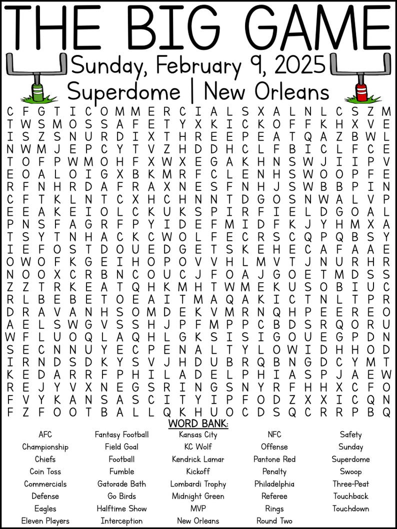 The Big Game Word Search, Super Football Game Activity, the Big Game ...