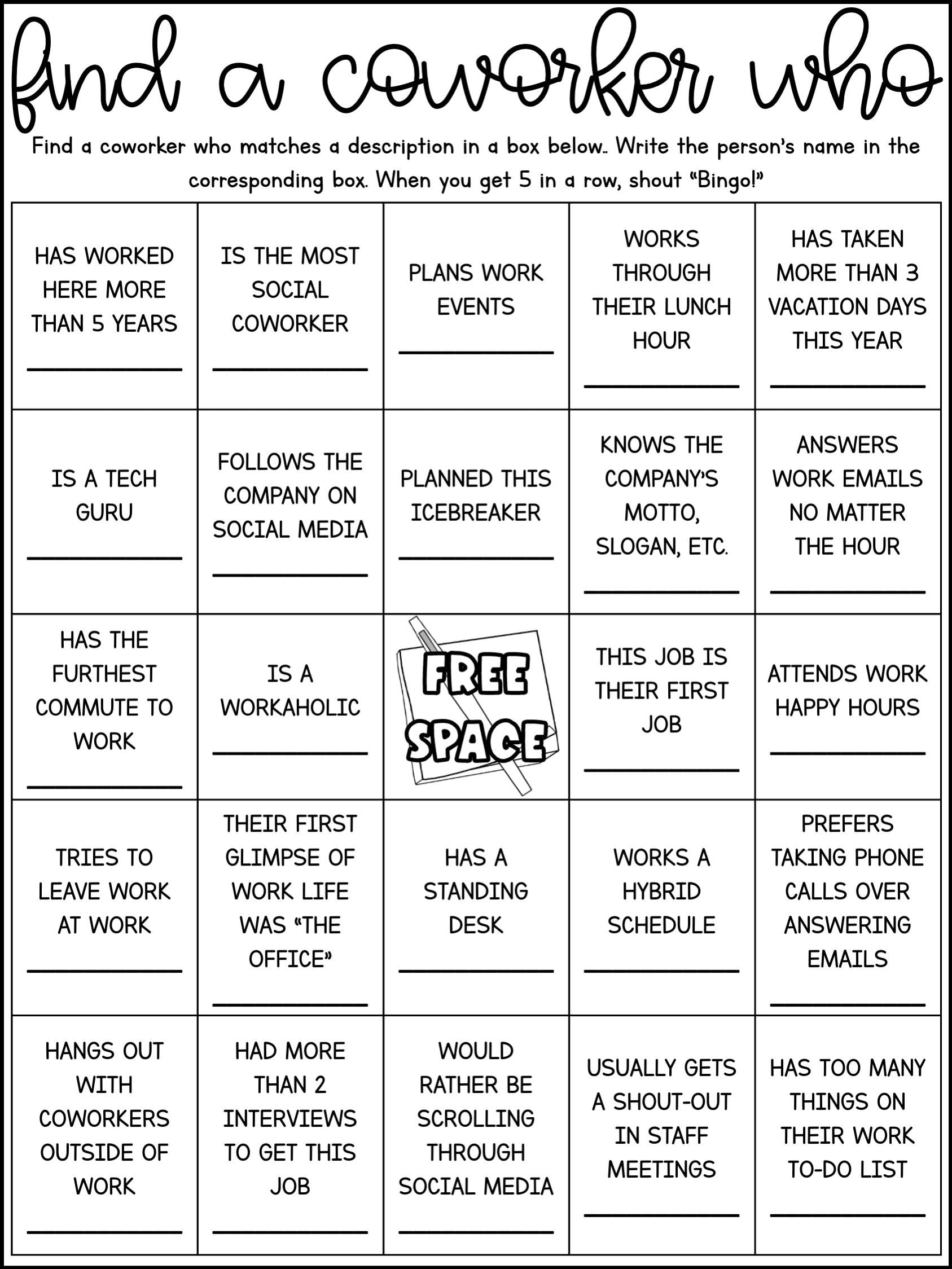 Coworker Bingo Game, Find Someone Who Office Party Game, Employee Mix ...