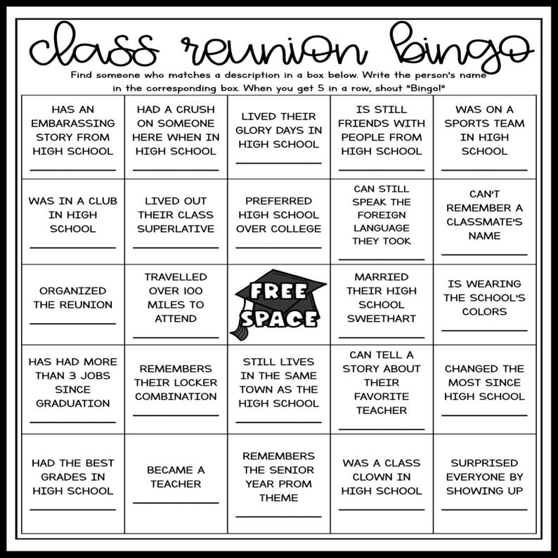 High School Reunion Bingo Class of Bingo Reunited Classmate Bingo Cards ...