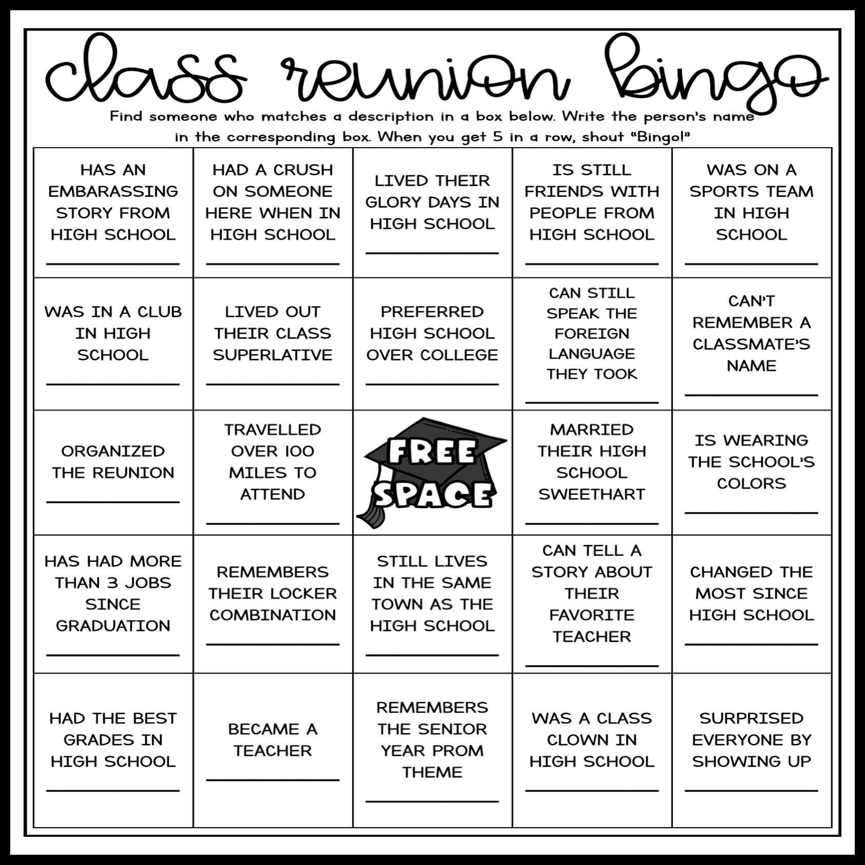 High School Reunion Bingo Class of Bingo Reunited Classmate Bingo Cards ...