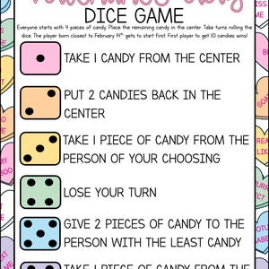Valentine's Day Candy Dice Game, Printable Valentines Dice Game ...