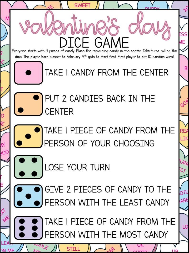 Valentine's Day Candy Dice Game, Printable Valentines Dice Game ...