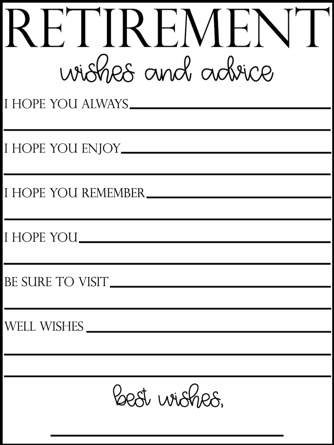 Printable Retirement Wishes Template, Minimalist Retirement Keepsake ...