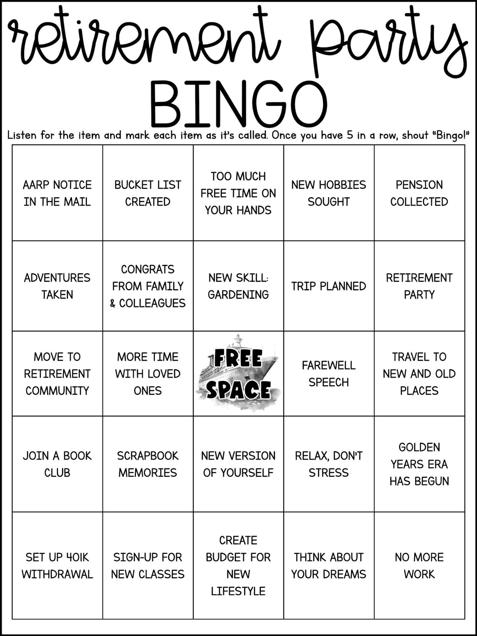 Retirement Party Bingo Game (30 Cards) Retirement Bingo Words Print and ...