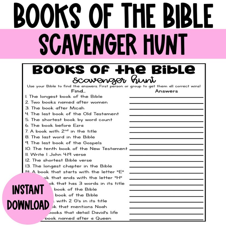 Books of the Bible Scavenger Hunt Game Printable Church Game Women's ...