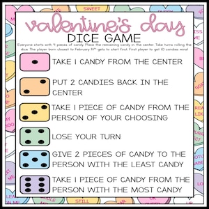 Valentine's Day Candy Dice Game, Printable Valentines Dice Game ...