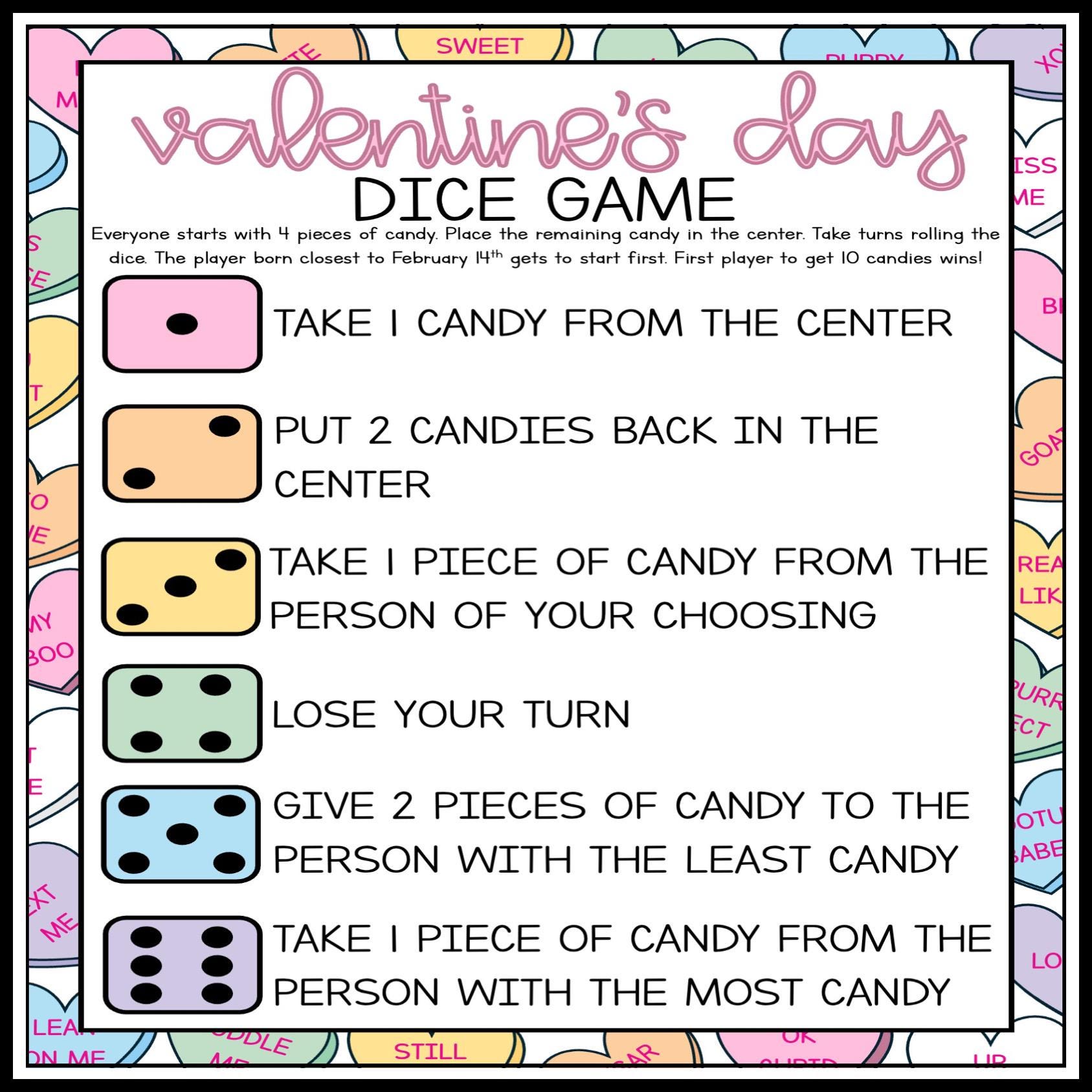 Valentine's Day Candy Dice Game, Printable Valentines Dice Game ...