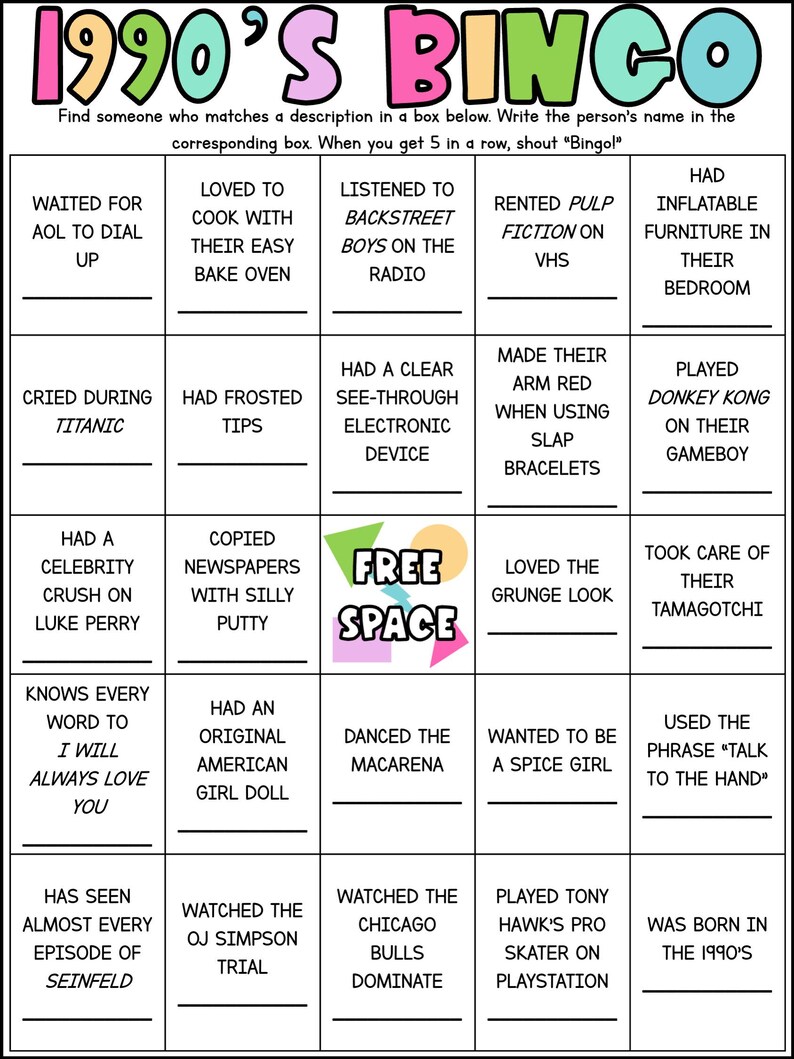 1990's Bingo 1990's Themed Party 1990's Birthday Bingo Cards Find ...