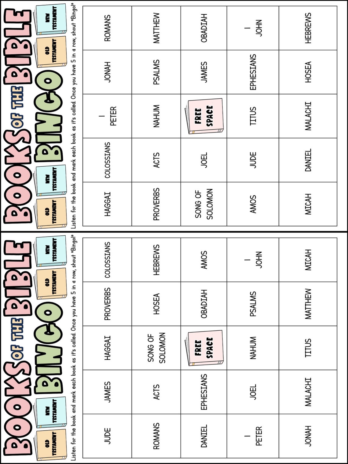 Books of the Bible Bingo Cards Church Bingo Game Christian Bingo Game ...