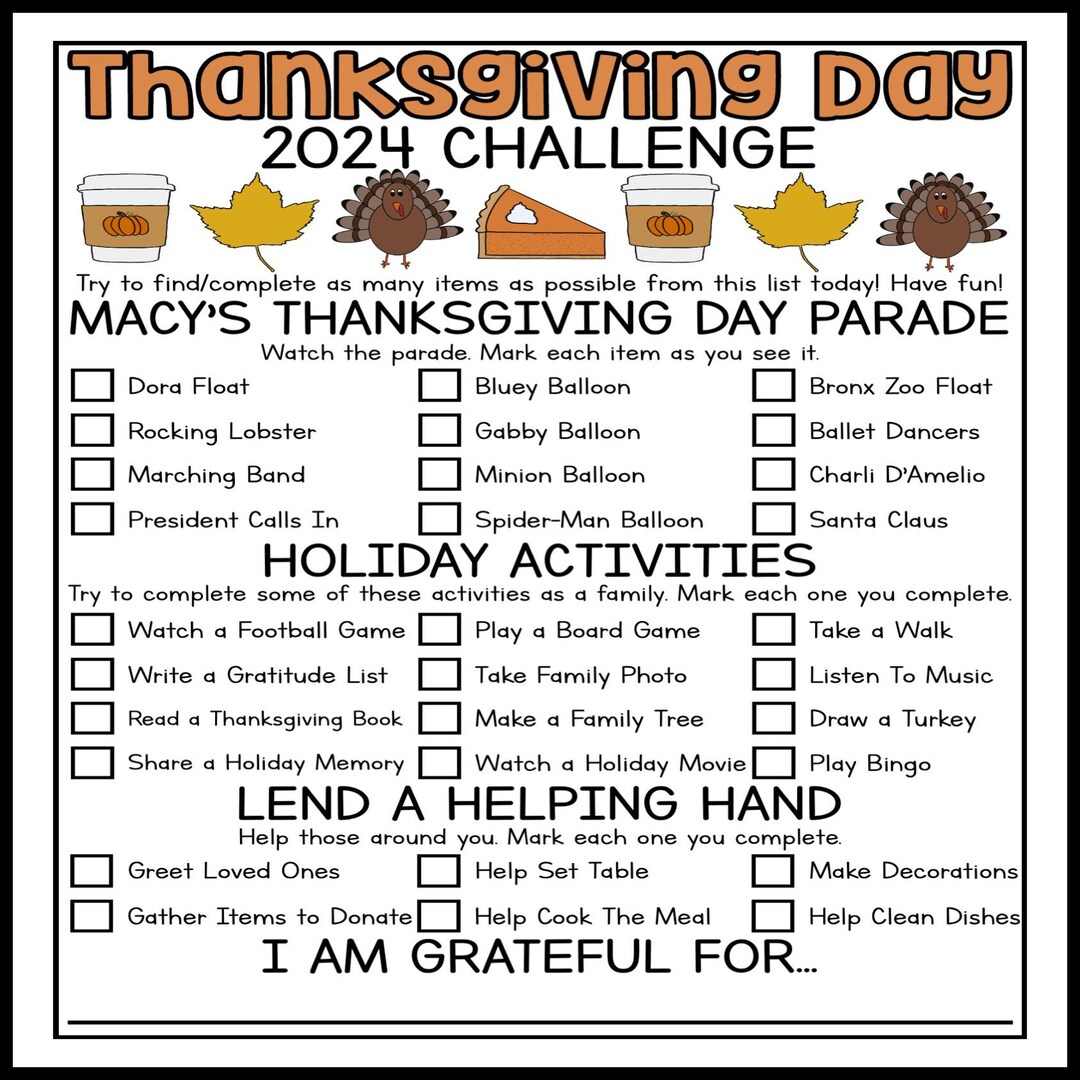 Thanksgiving Challenge Printable 2024, Thanksgiving Checklist Activity ...