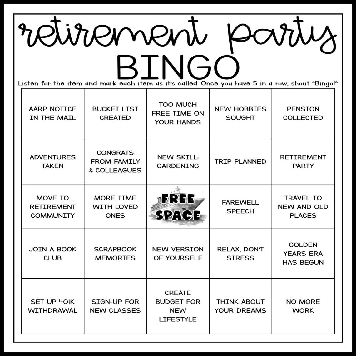 Retirement Party Bingo Game (30 Cards) Retirement Bingo Words Print and ...