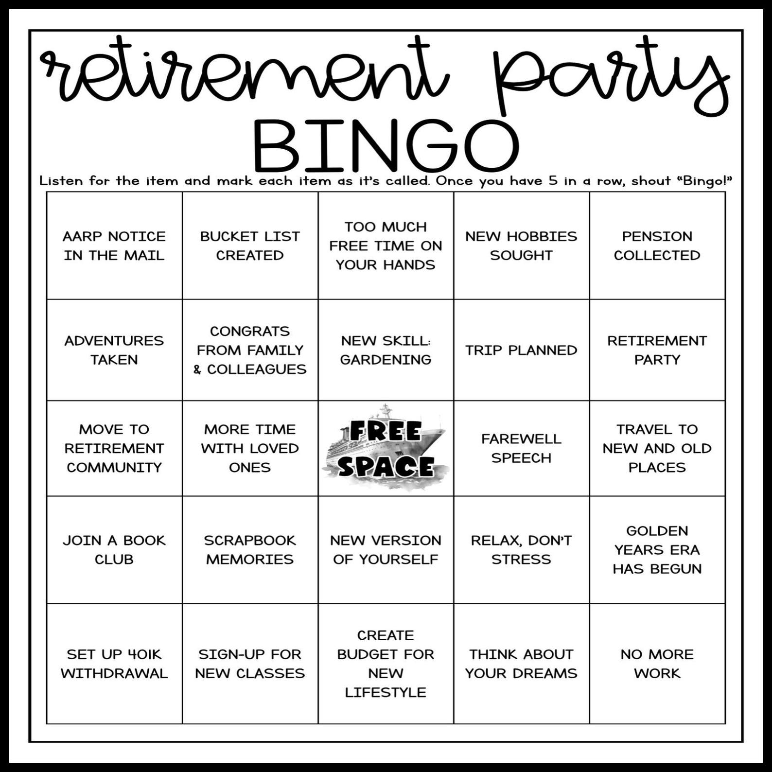 Retirement Party Bingo Game (30 Cards) Retirement Bingo Words Print and ...