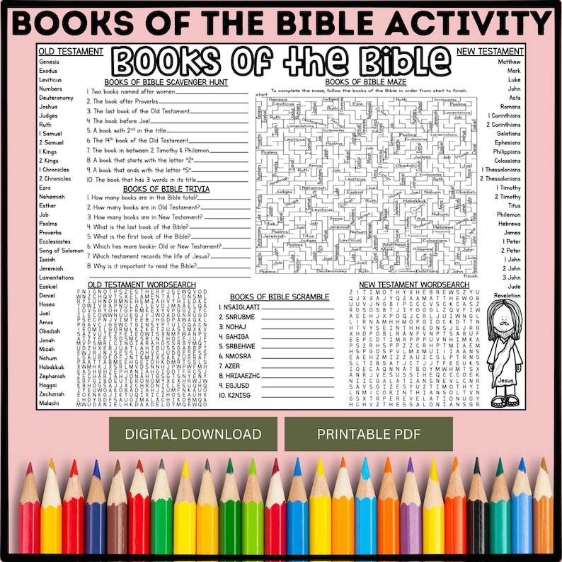 Books of the Bible Coloring Page, Bible Game, Bible Placemat, Printable ...