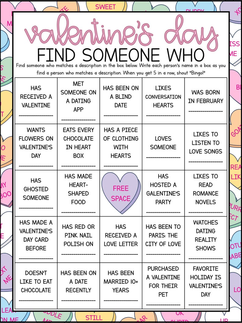 Office Valentine's Day Find Someone Who, Valentine's Bingo Game ...