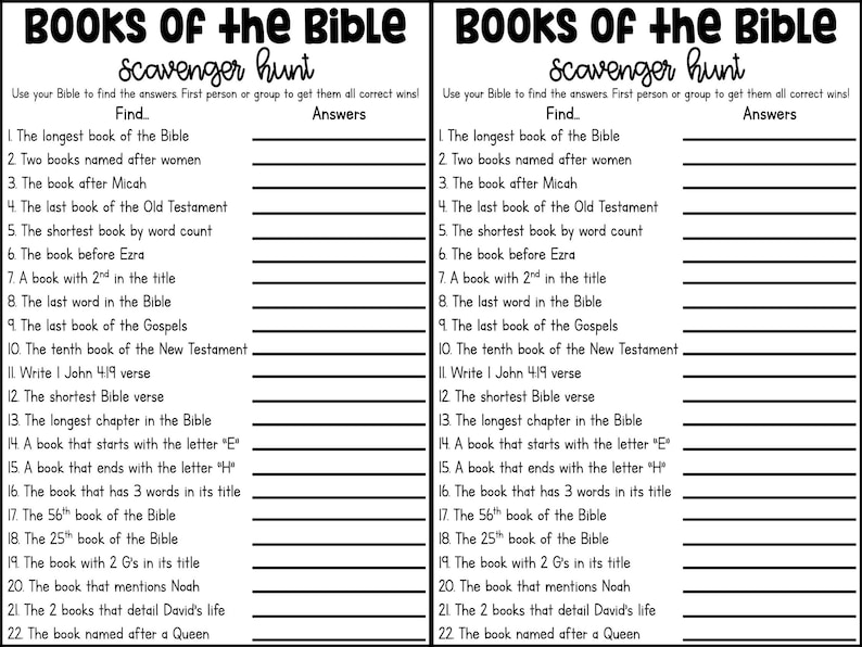 Books of the Bible Scavenger Hunt Game Printable Church Game Women's ...