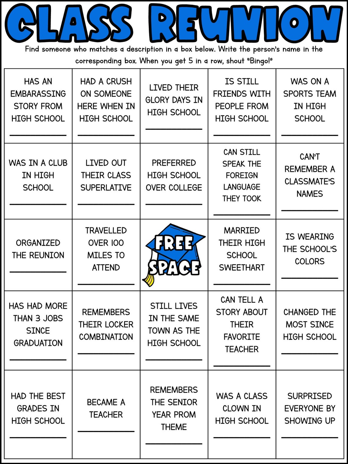 High School Reunion Bingo Class of Bingo Reunited Classmate Bingo Cards ...