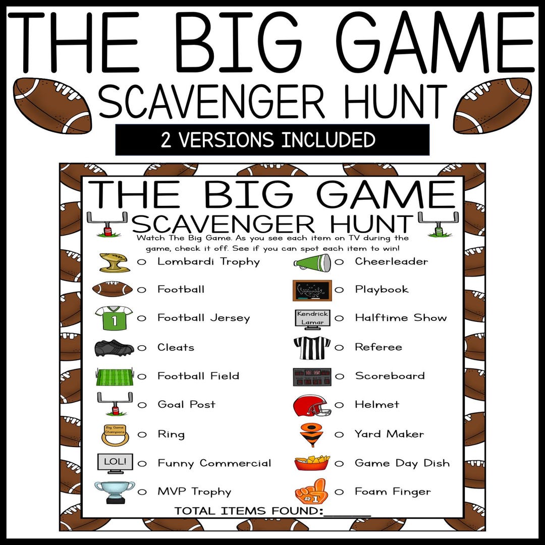 Big Game Scavenger Hunt, Football Big Game Activity for Kids, Printable ...